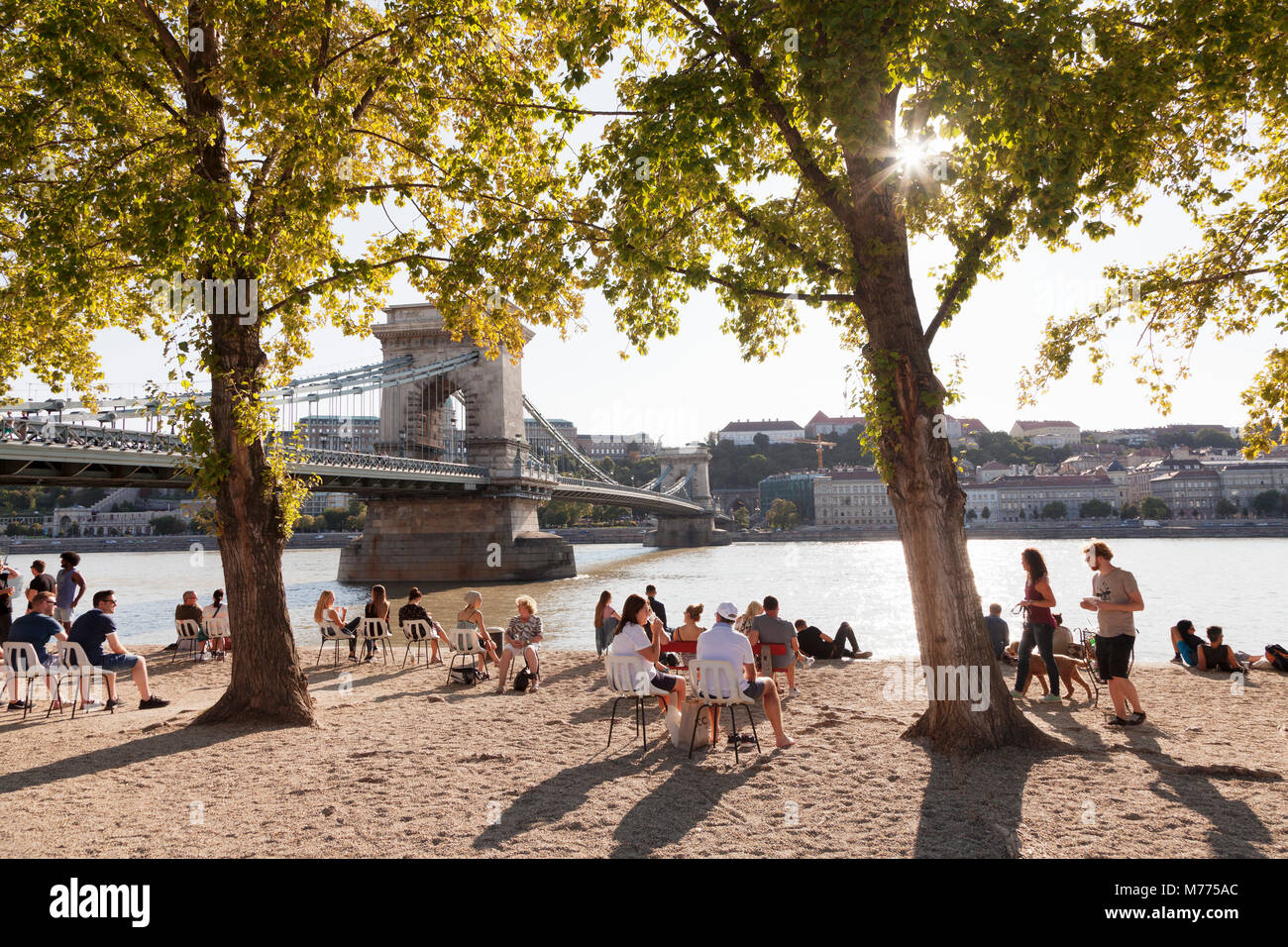 Beach bar at Danube Riverwalk, Chain Bridge, Budapest, Hungary, Europe ...