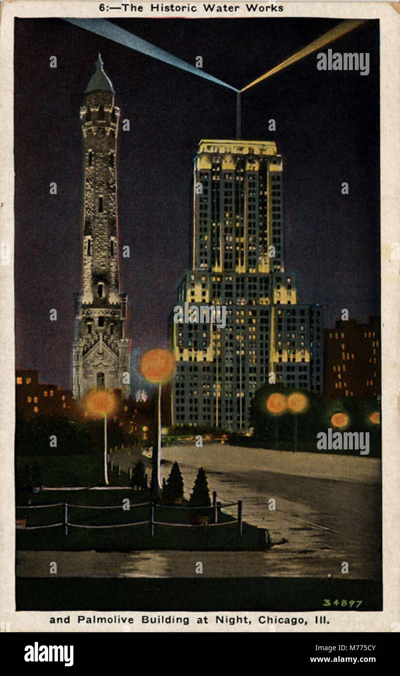 The Historic Water Works And Palmolive Building At Night, Chicago ...