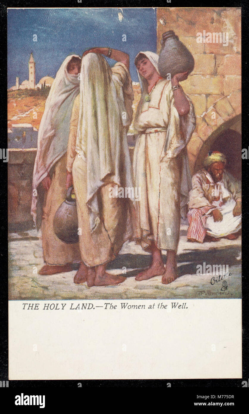 This image depicts women at a well in the Holy Land, showcasing a scene ...