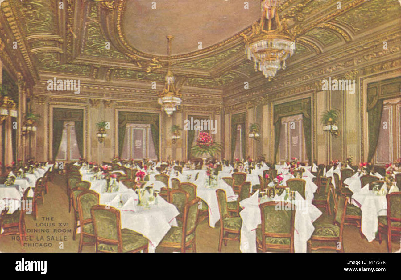 A photograph of the Louis XVI Dining Room at Hotel La Salle in Chicago ...
