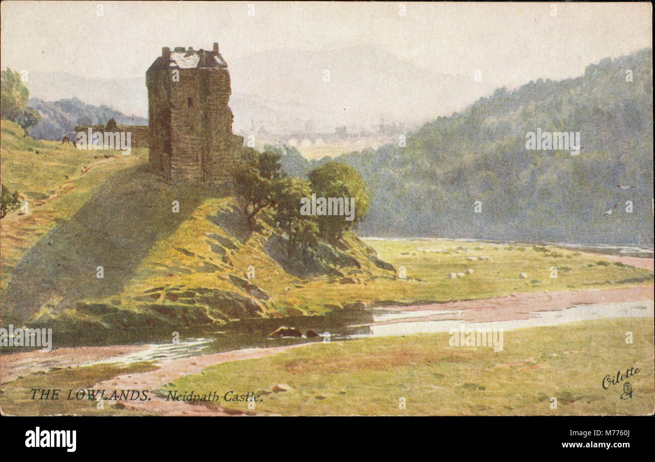 The Lowlands region is depicted with Neidpath Castle, a historic site ...