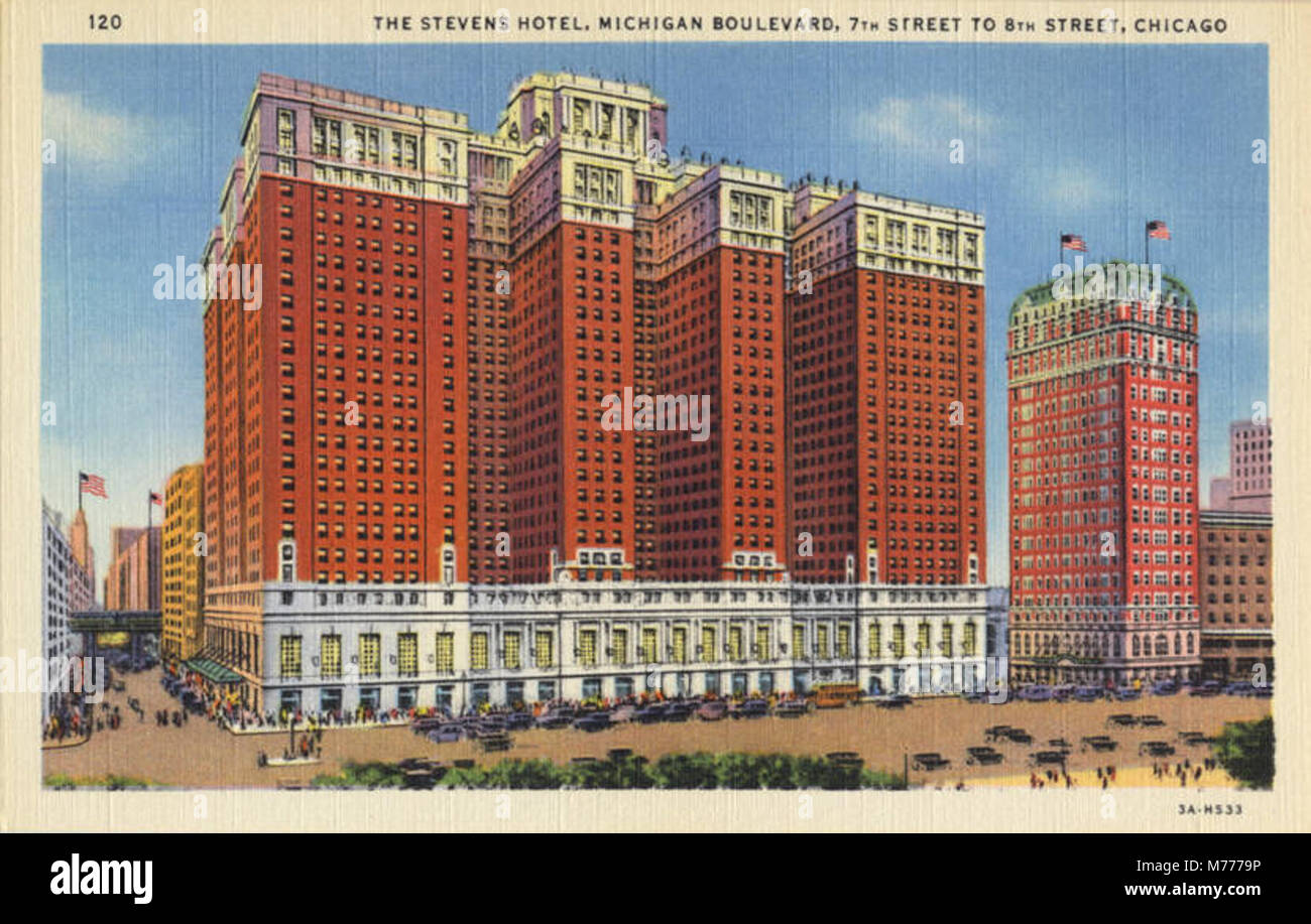 A photograph of the Stevens Hotel, a notable building in Chicago ...