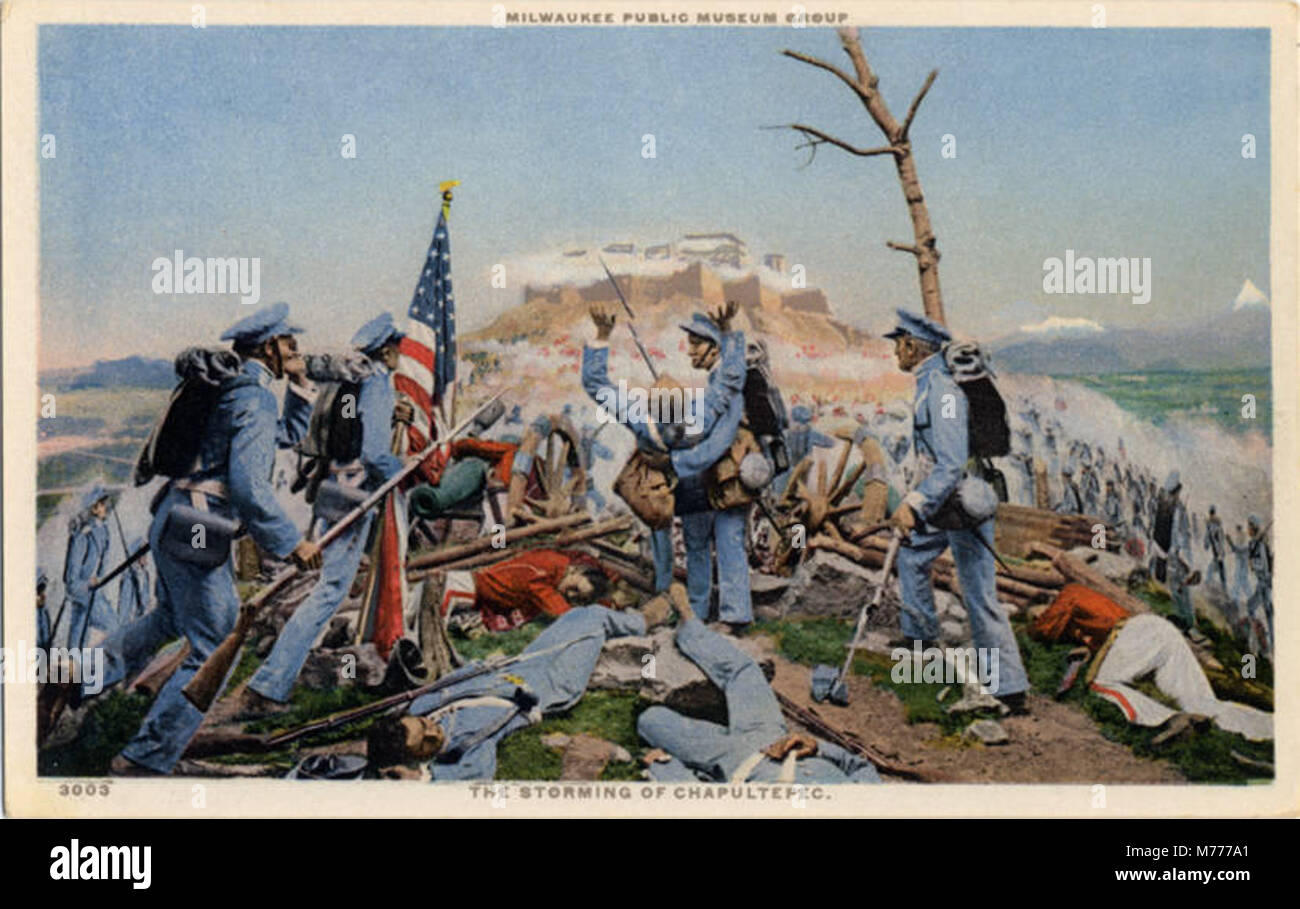 The image depicts the Storming of Chapultepec, a significant event in the Mexican-American War ...