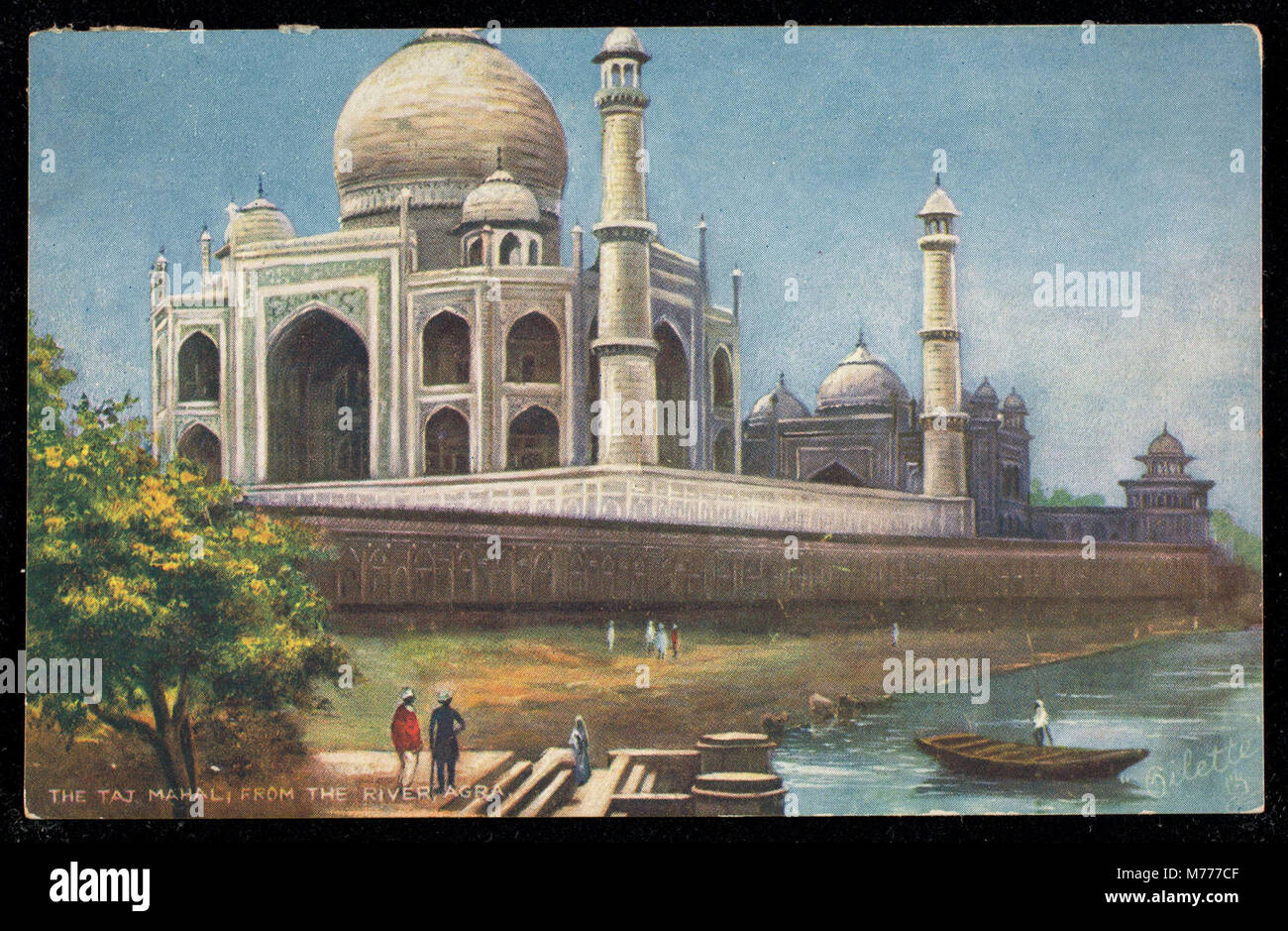 The Taj Mahal, viewed from the Agra River, is a white marble mausoleum ...