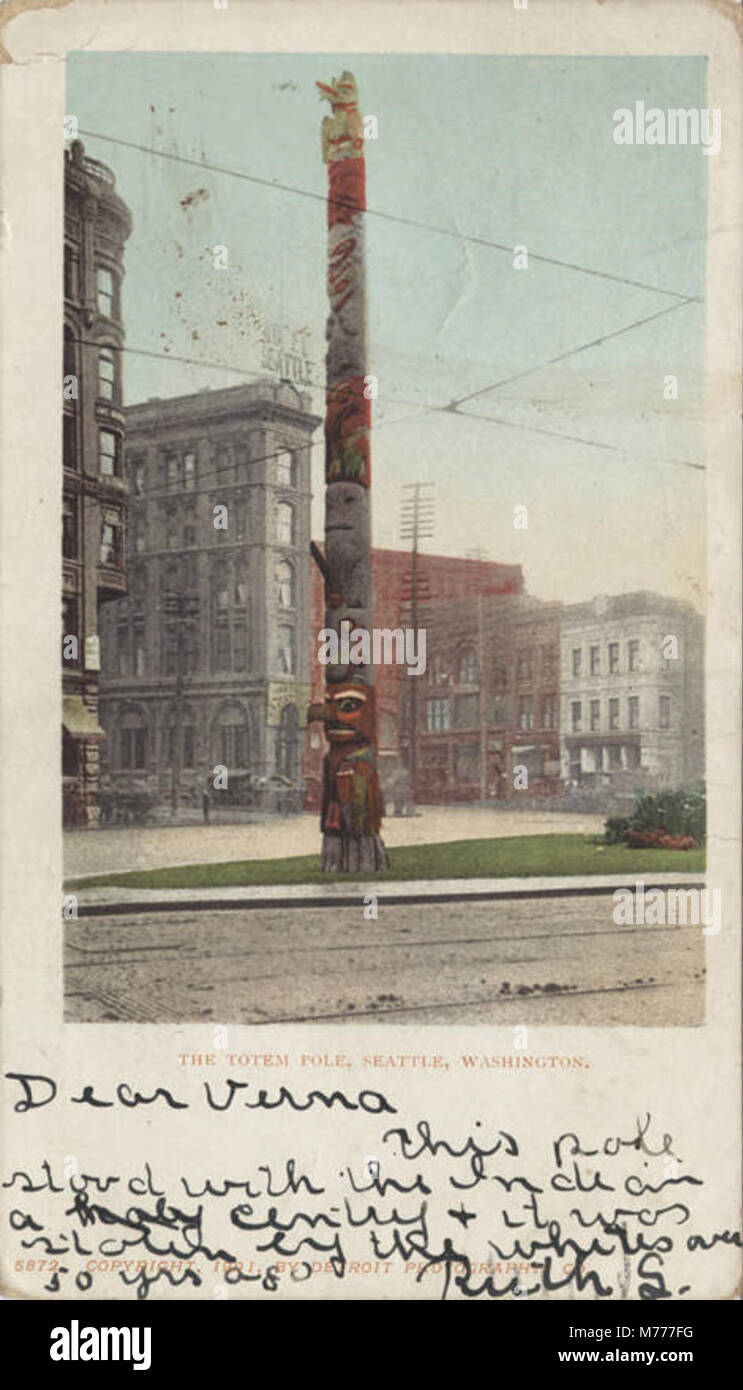 A photograph of the famous totem pole located in Seattle, Washington ...