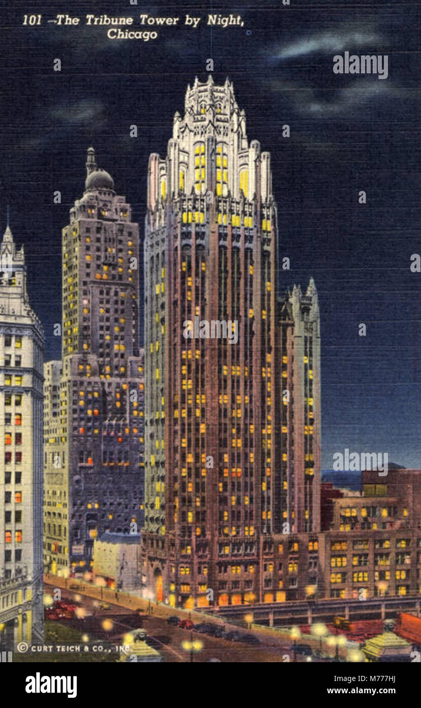 A night photograph of the Tribune Tower in Chicago, showcasing the ...
