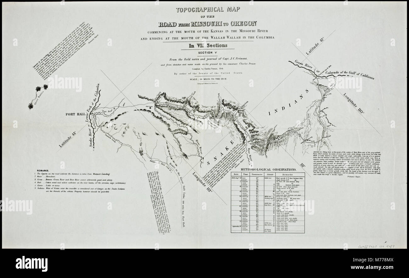 A topographical map detailing the route from Missouri to Oregon ...