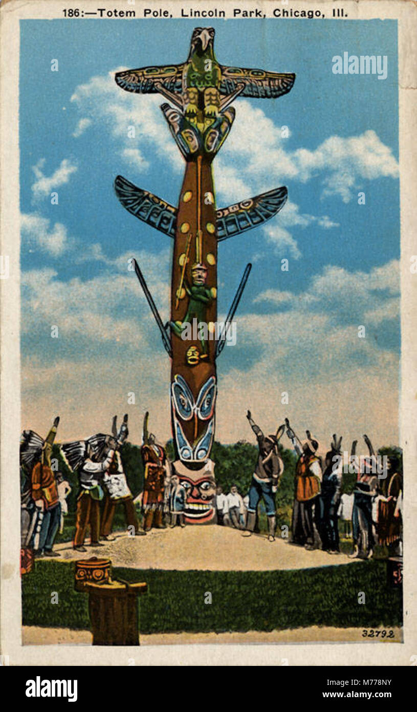 A photograph of a totem pole located in Lincoln Park, Chicago. The ...