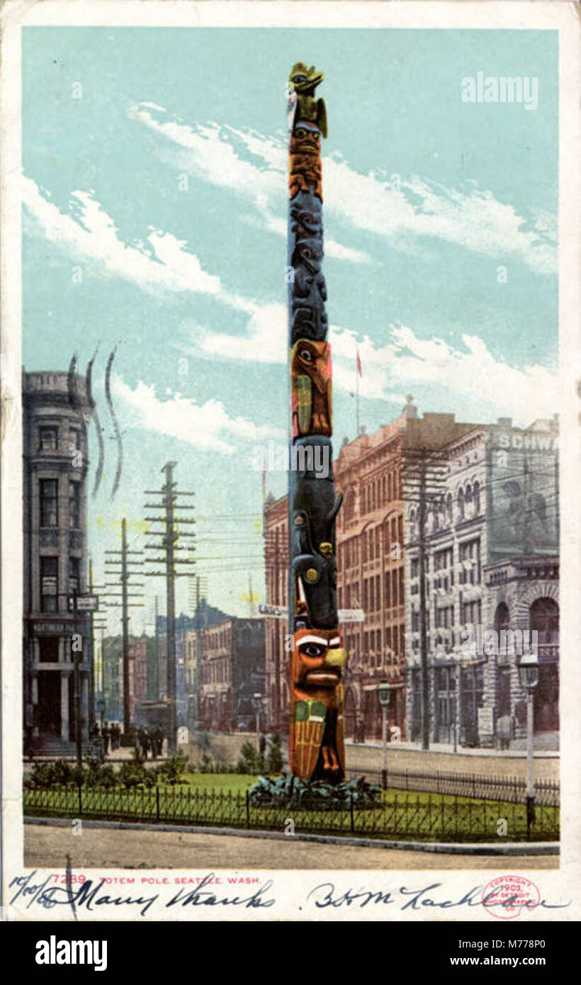 This image shows a totem pole in Seattle, Washington, a significant ...