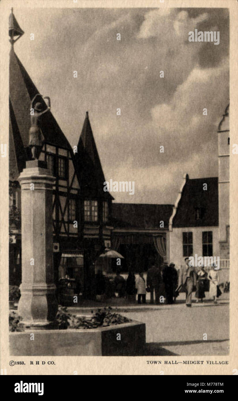 A historical photograph of the Midget Village Town Hall, likely part of ...