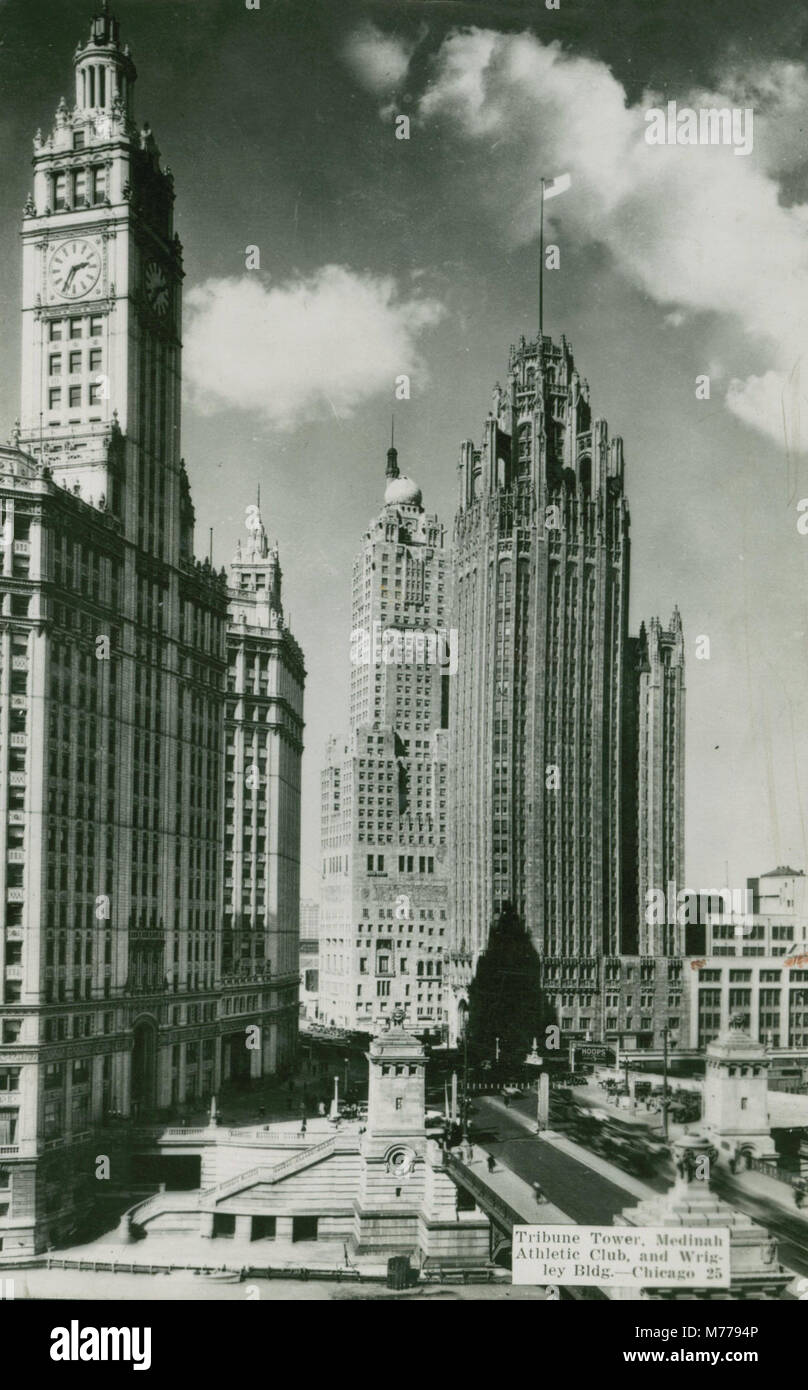 A 1940s photograph showcasing three iconic Chicago landmarks: Tribune ...