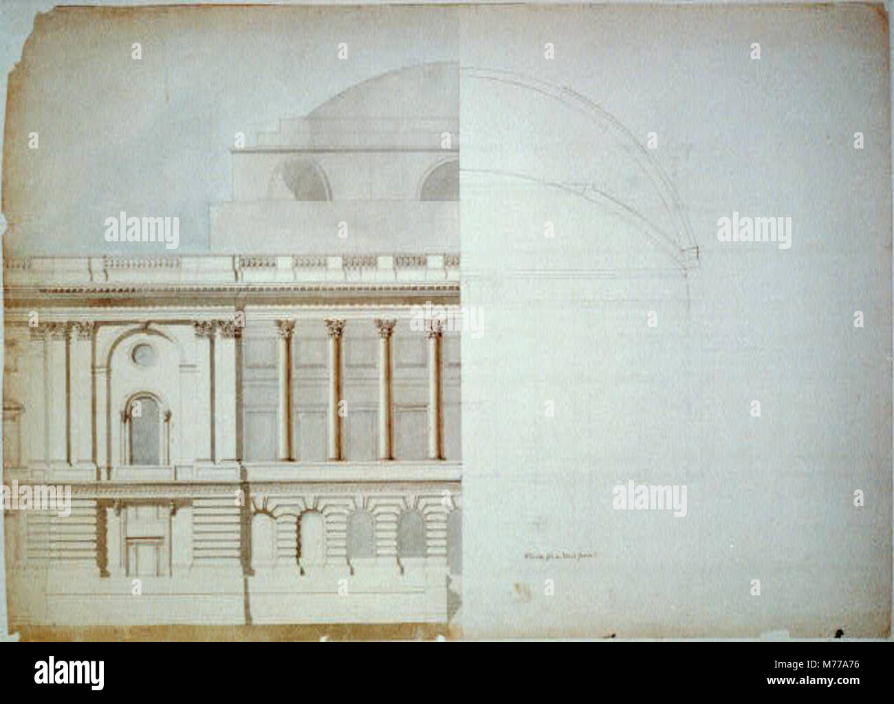 This architectural drawing shows a partial elevation and section of the ...