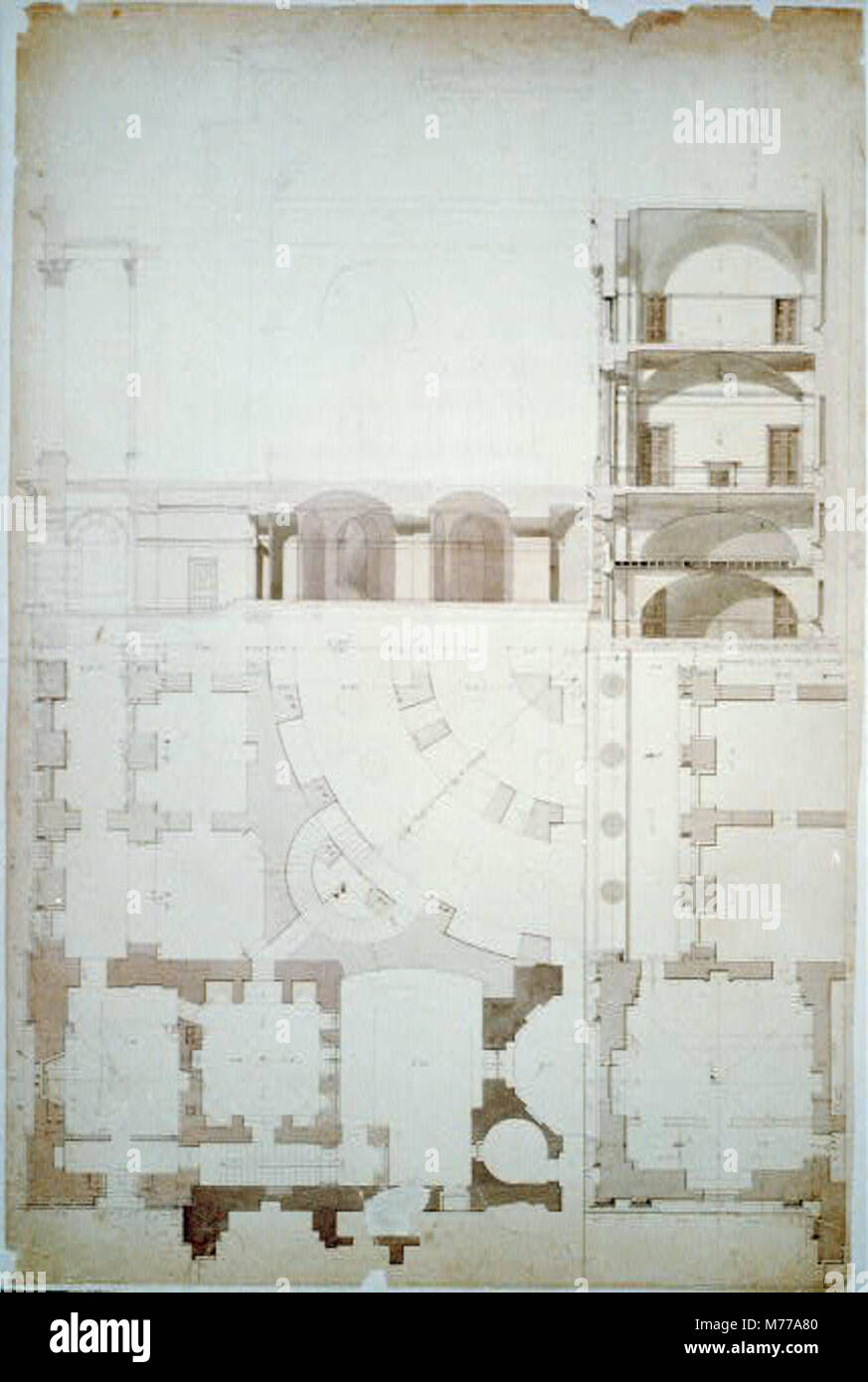 Architectural plans and sections showing the northwest corner of the ...