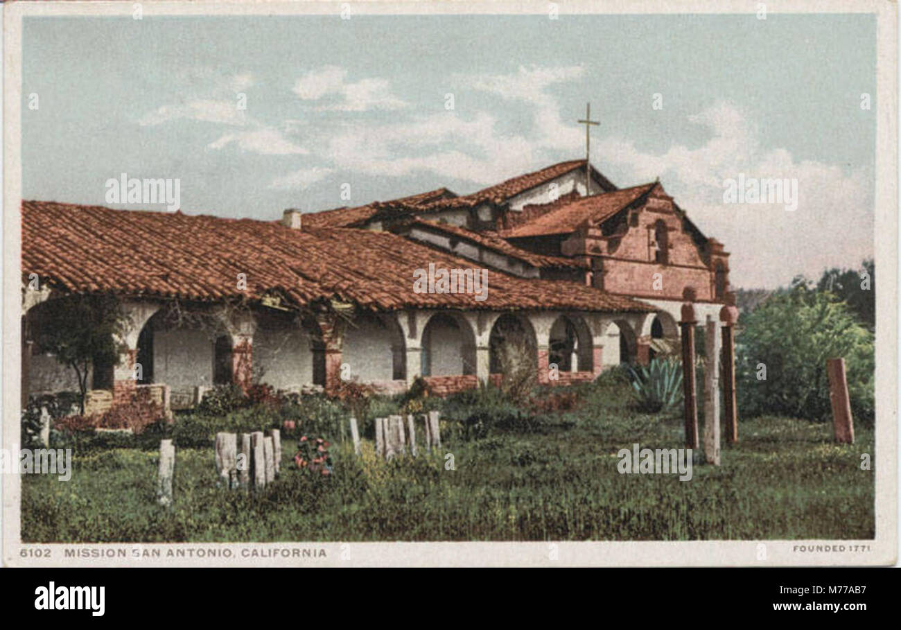 A historic photograph of the Mission San Antonio in California, founded ...