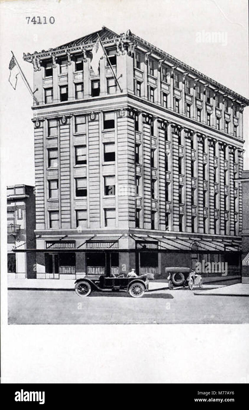 A photograph of a hotel, possibly an early 20th-century building ...