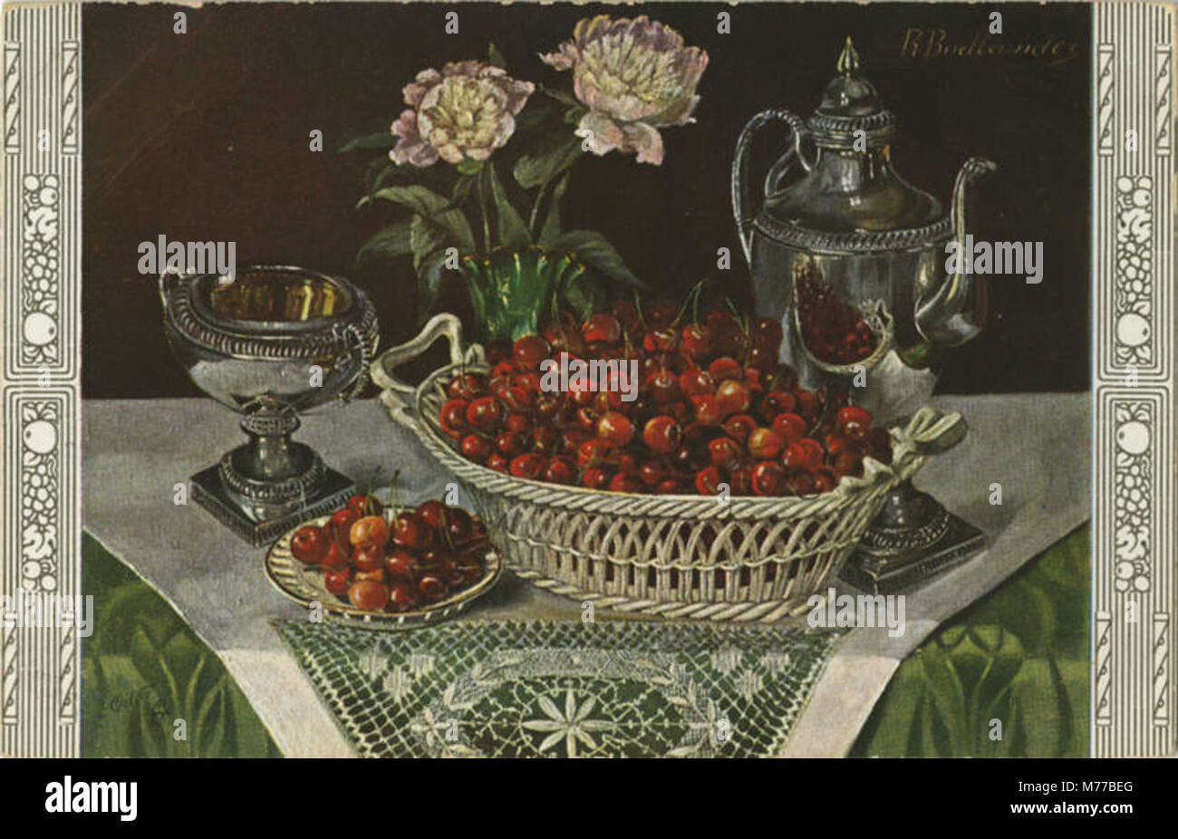 This still life image features cherries, capturing the vivid colors and ...