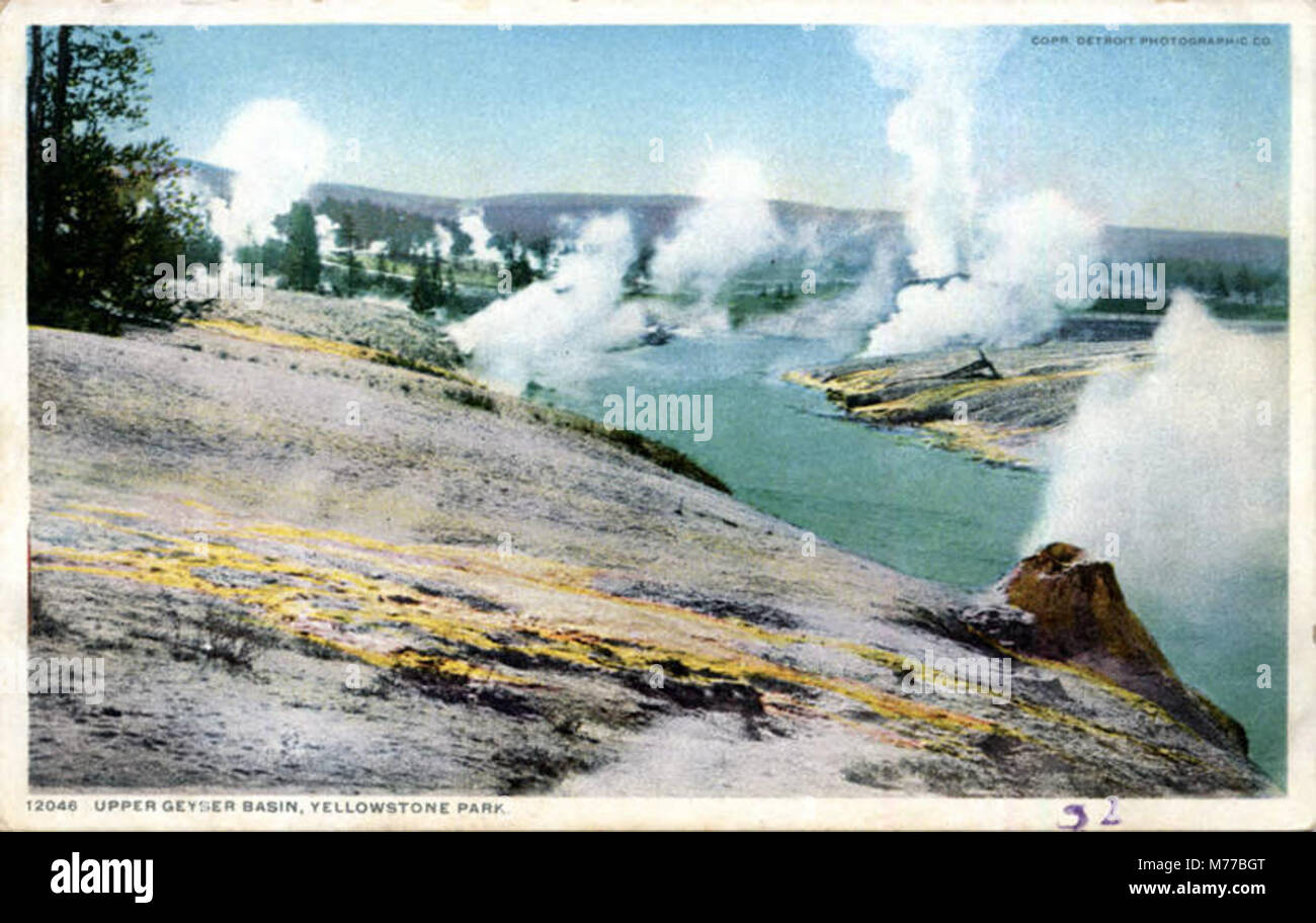 A photograph of the Upper Geyser Basin in Yellowstone National Park ...