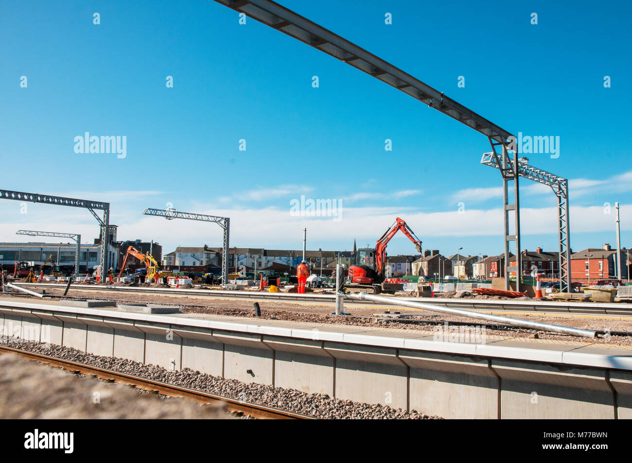 Preparing Platforms and overhead gantrys at Blackpool North station for ...