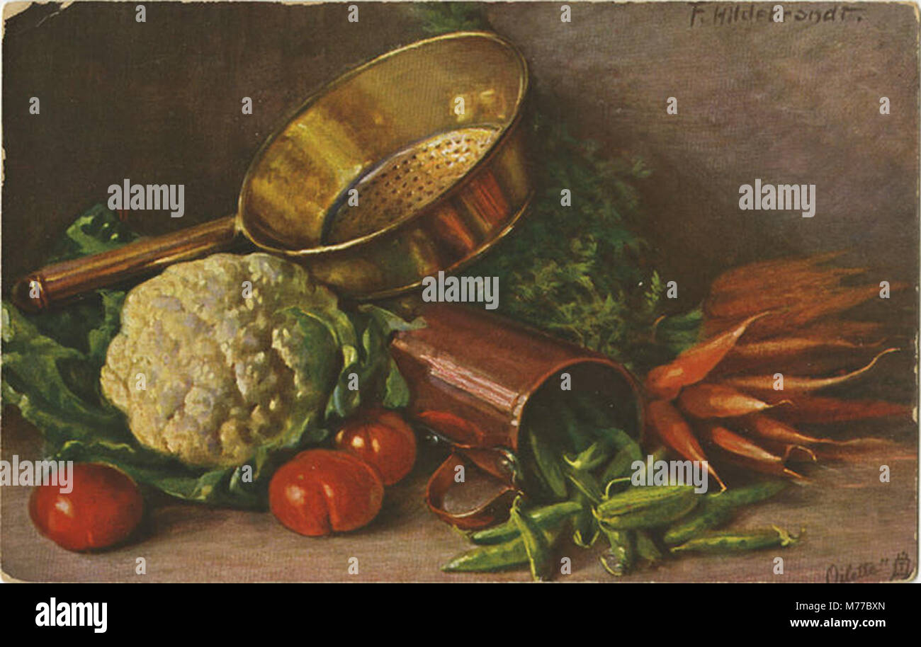 A still life painting of various vegetables, showcasing natural forms ...