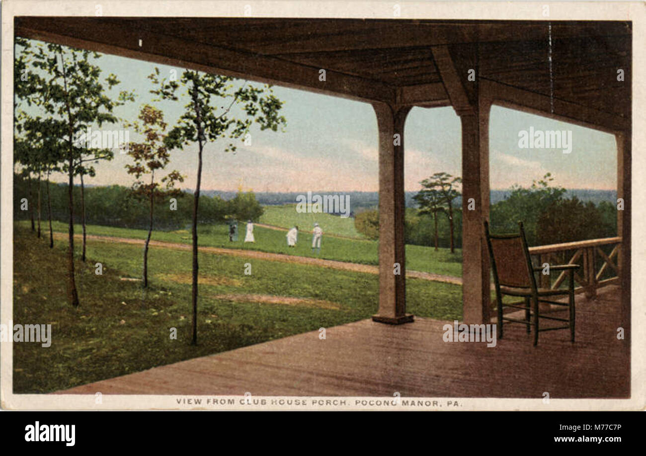 The image shows a scenic view from a clubhouse porch, likely ...