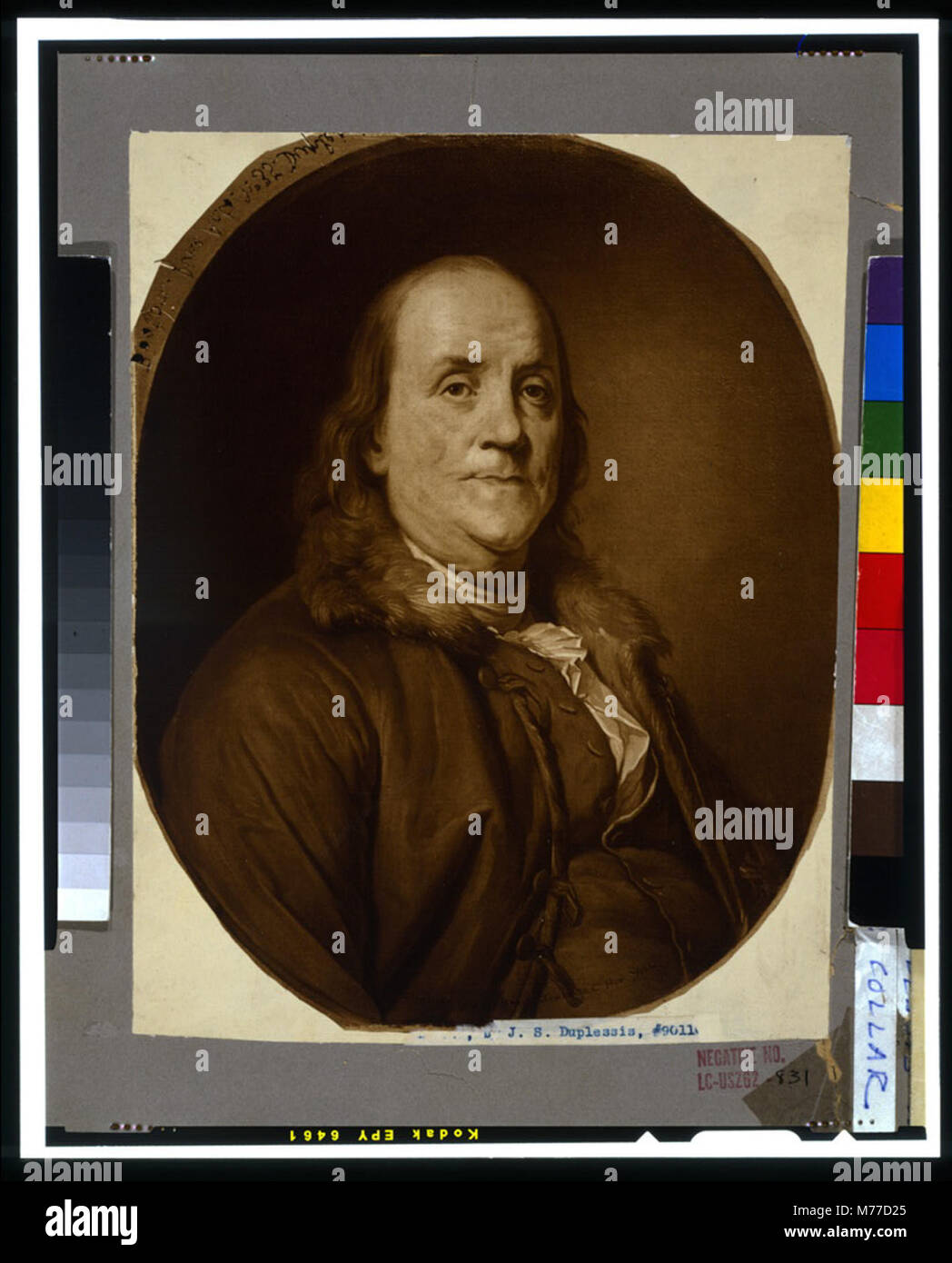 A classic head-and-shoulders portrait of Benjamin Franklin, displaying ...
