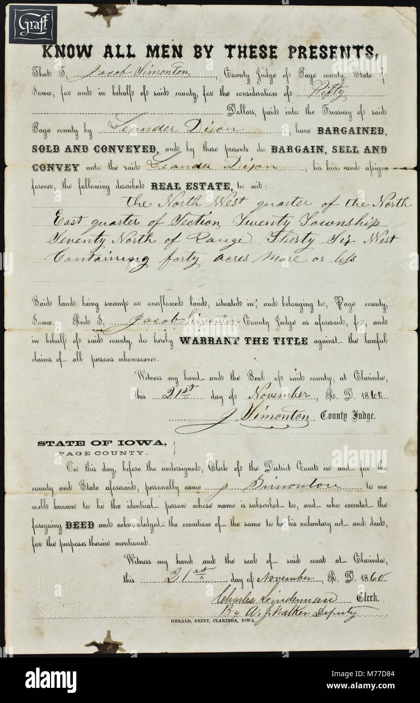 A legal document granting ownership of real estate in Page County to ...