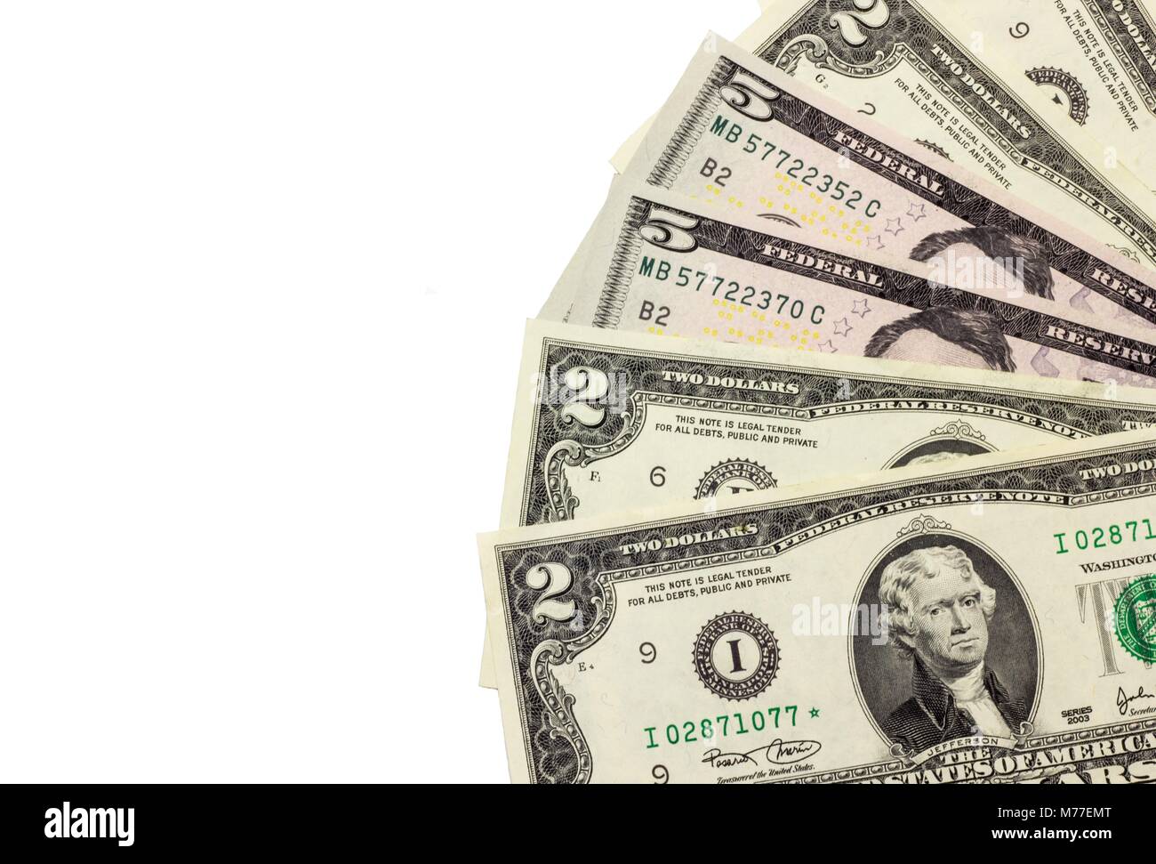 Two and Five dollars banknotes isolated on white background Stock Photo ...