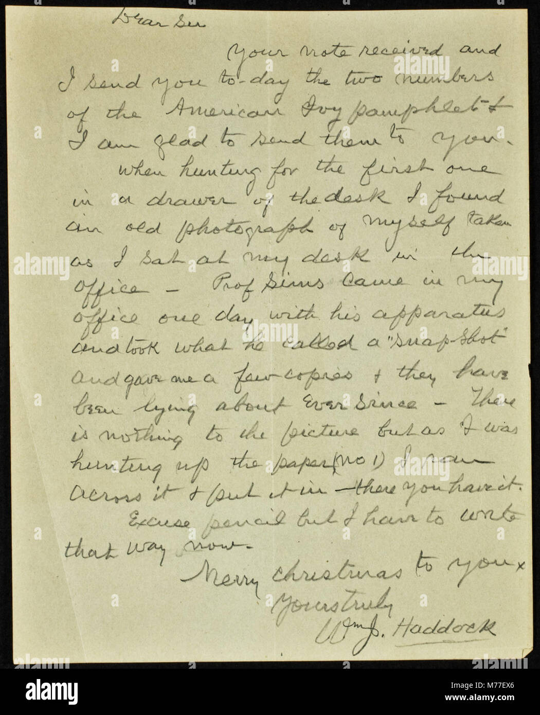 A historical letter and photograph sent by William J. Haddock in 1905 ...