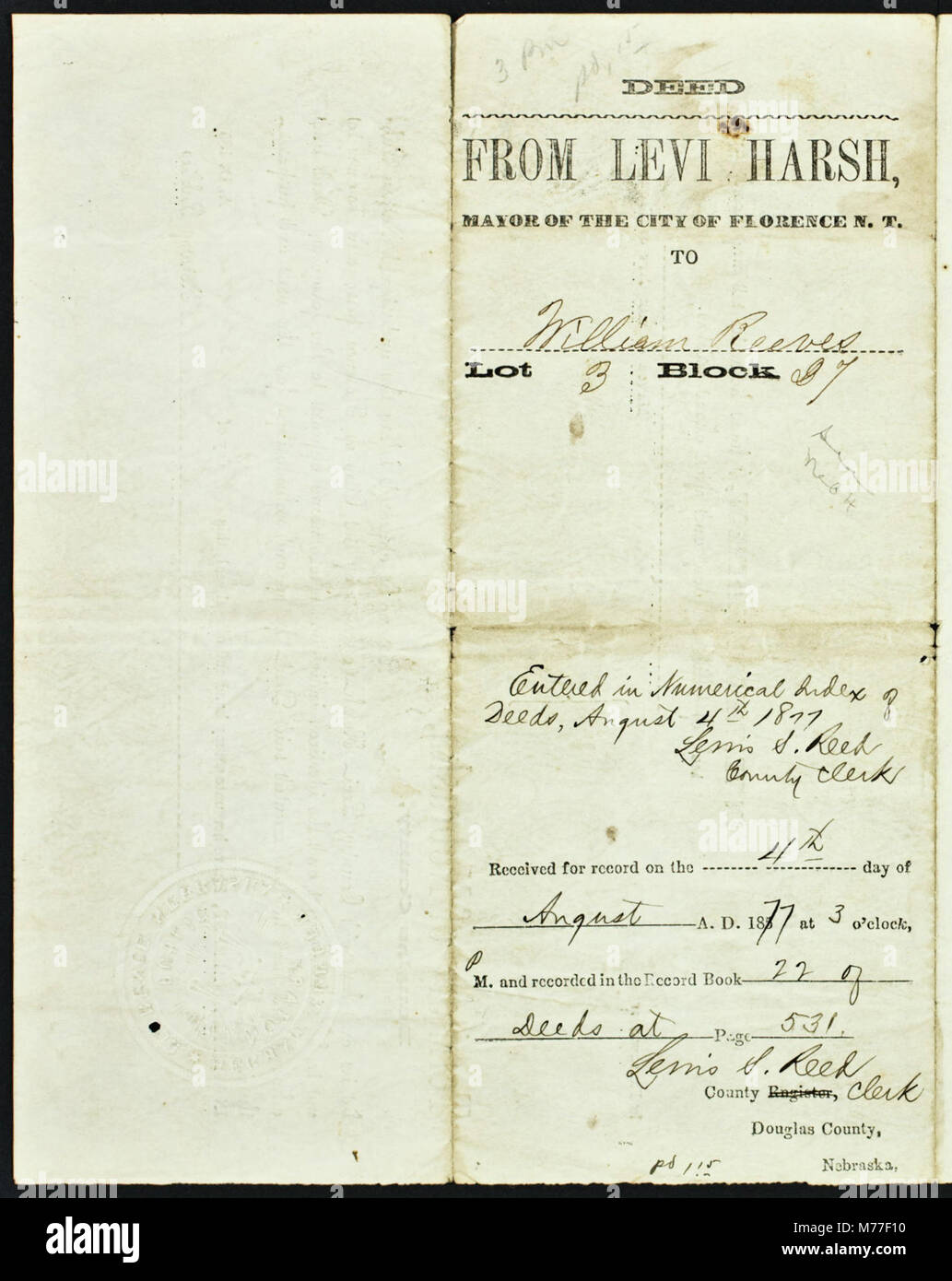 William Reeves' deed, executed by Levi Harsh, mayor of Florence ...