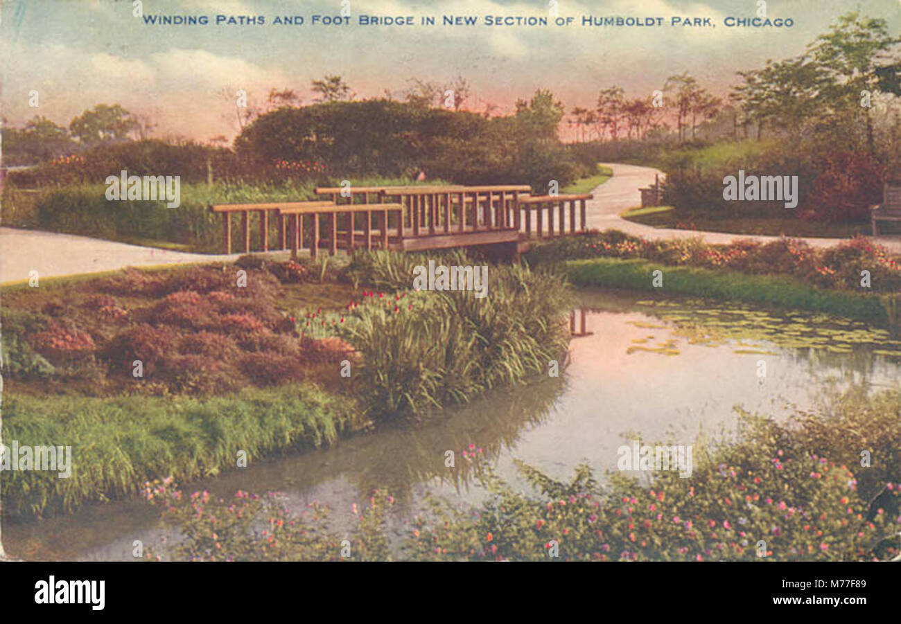 A photograph of the winding paths and footbridge in the newly developed ...