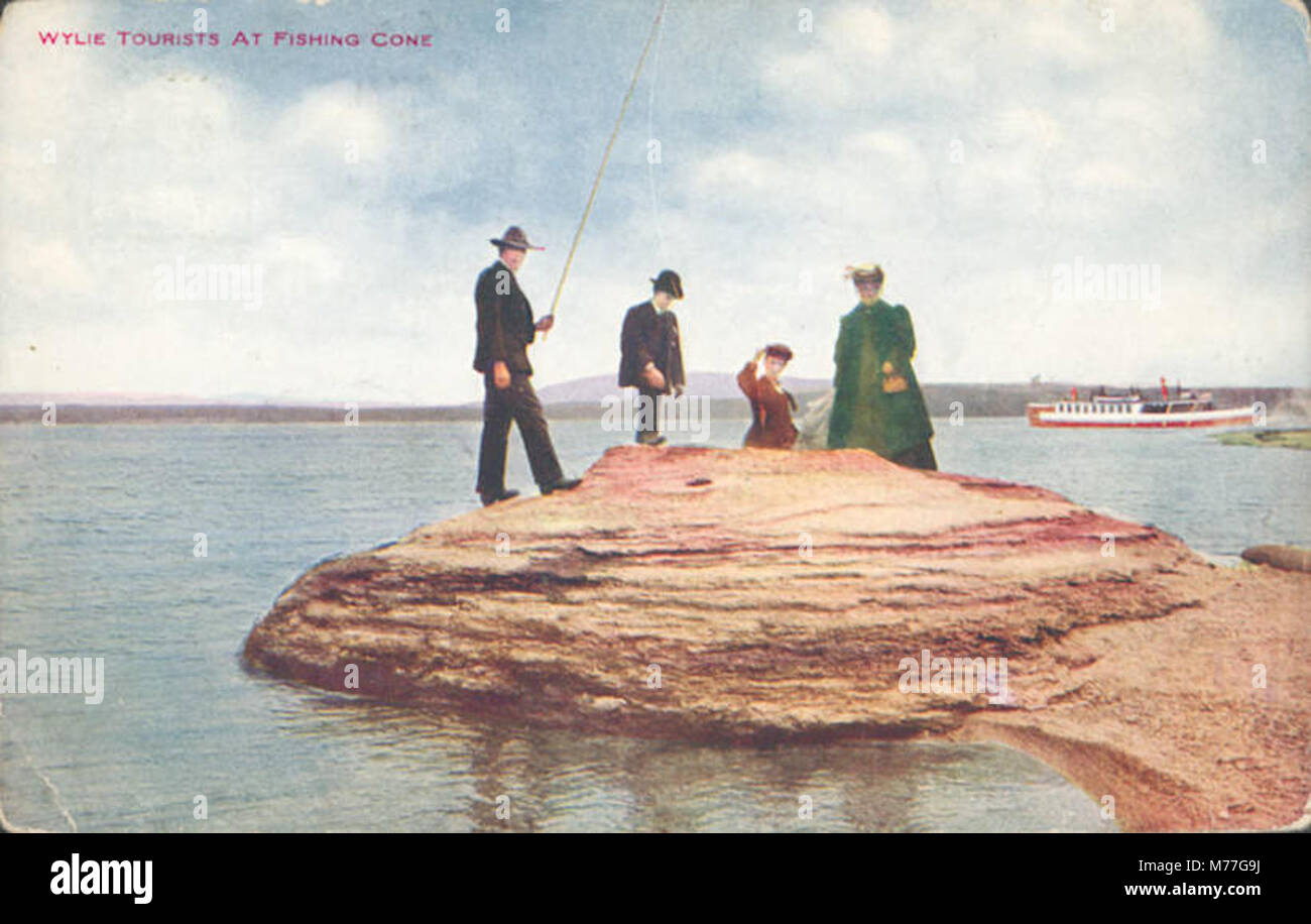A photograph of tourists visiting Fishing Cone in Yellowstone National ...