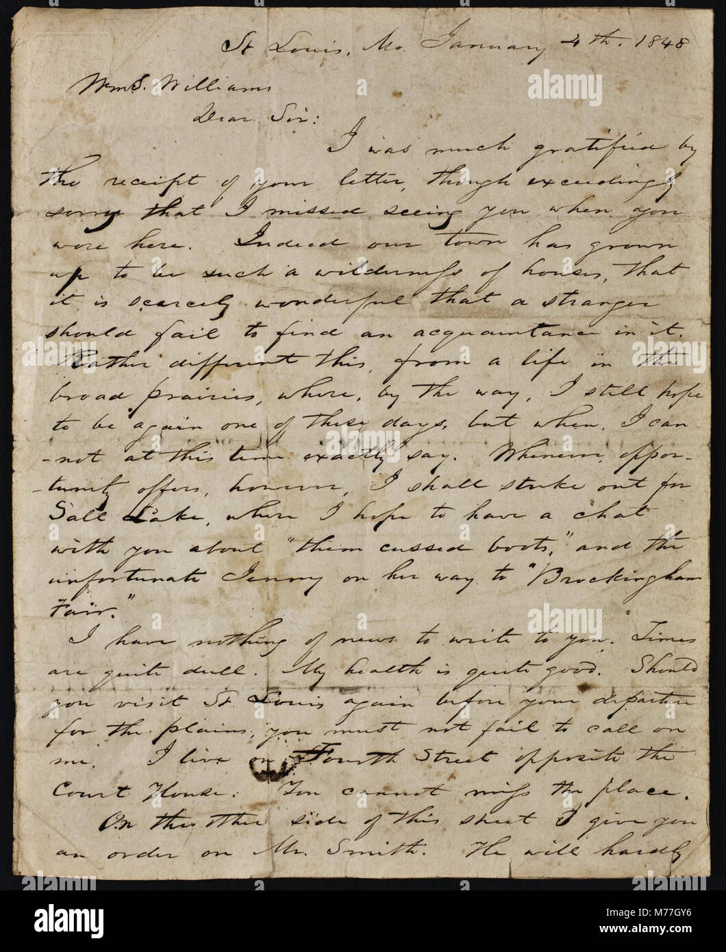 A historical letter from Bethuel Dodd to William S. Williams, dated ...