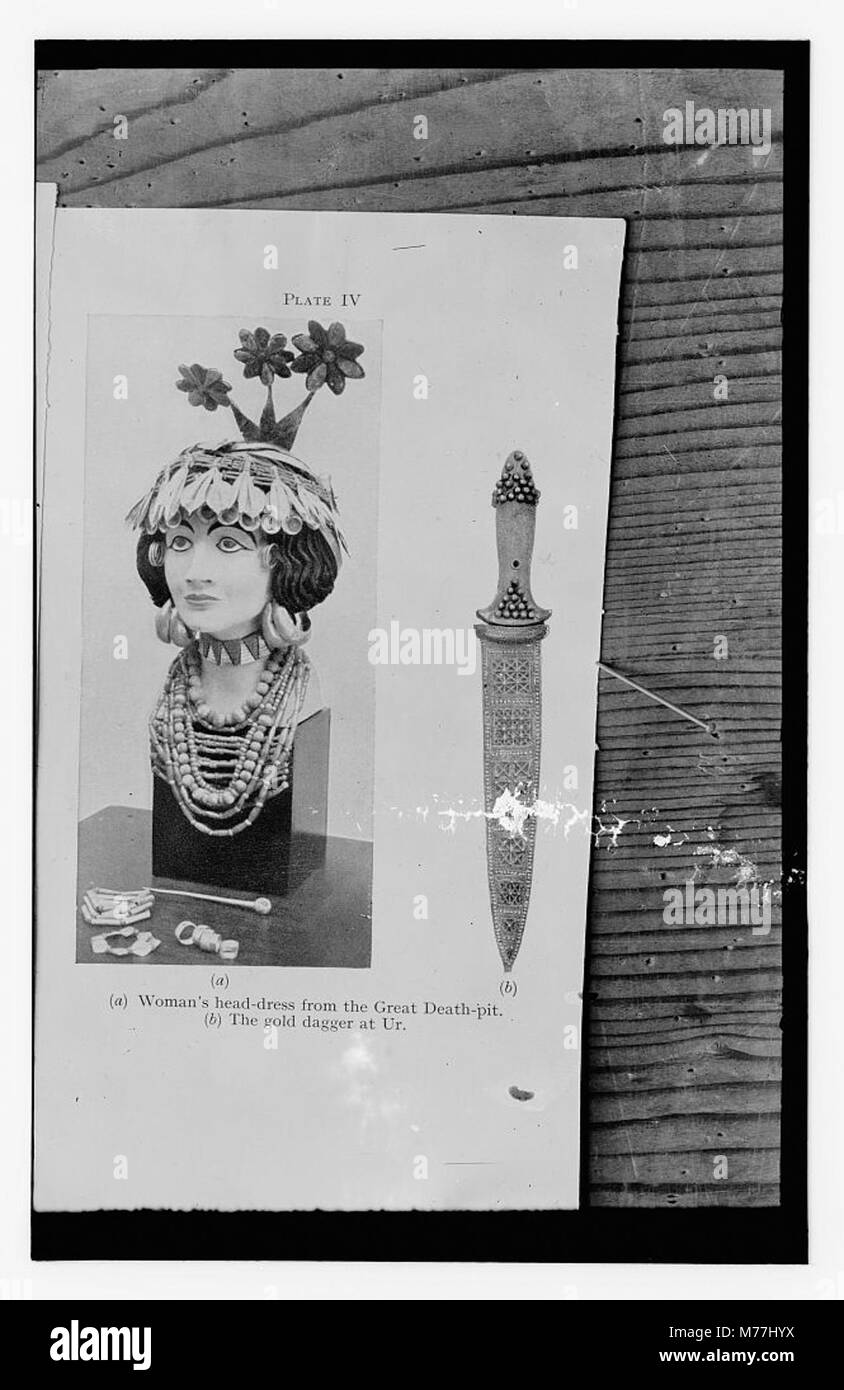 This illustration depicts a woman's headdress and a dagger discovered ...