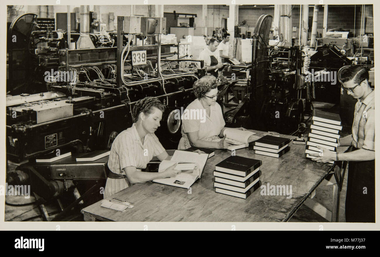 A depiction of the book manufacturing process, focusing on the binding ...