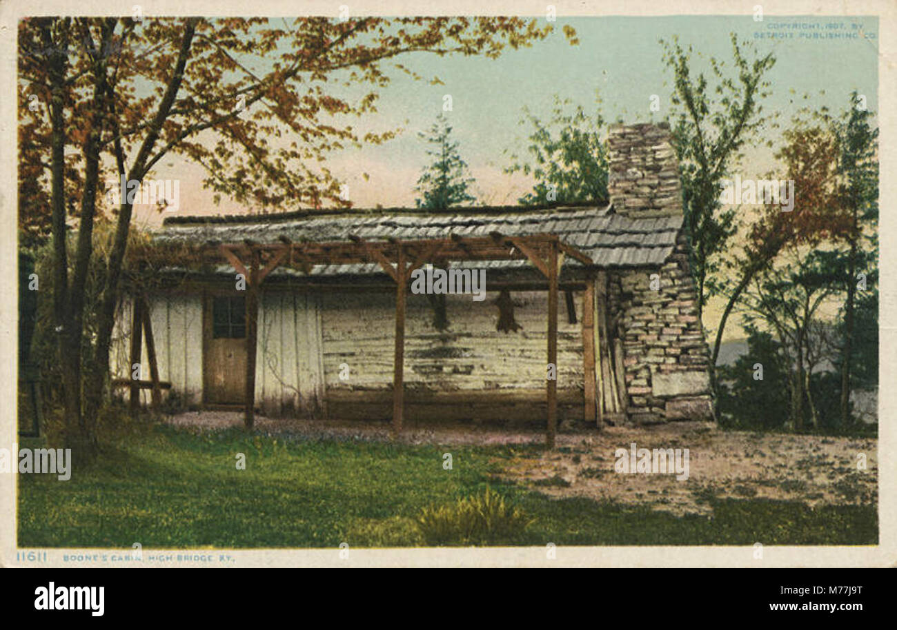 This image depicts Boone's Cabin, a historic log cabin associated with ...