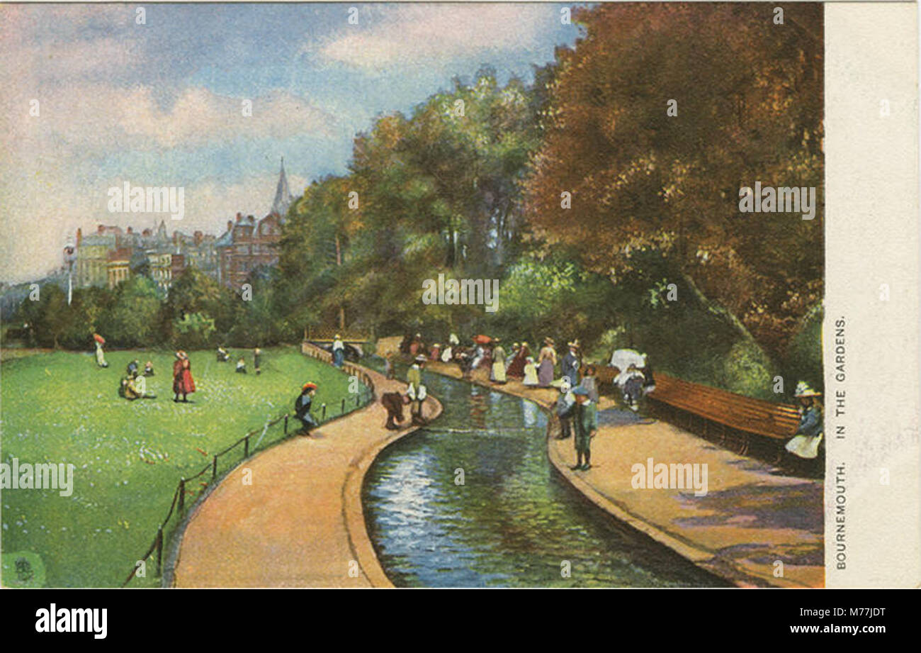 This postcard image captures a scene in the gardens of Bournemouth ...
