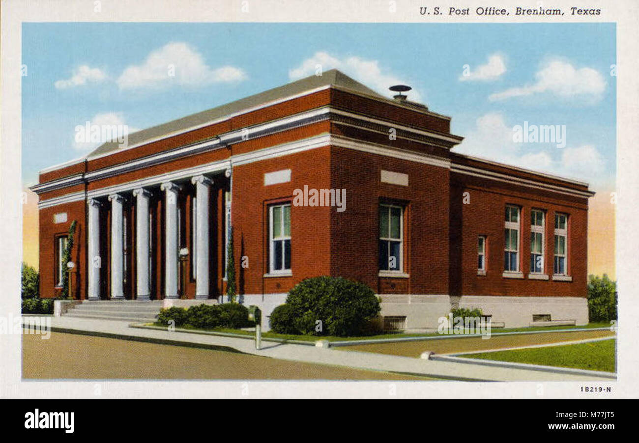 A historic view of the U.S. Post Office in Brenham, Texas, capturing ...