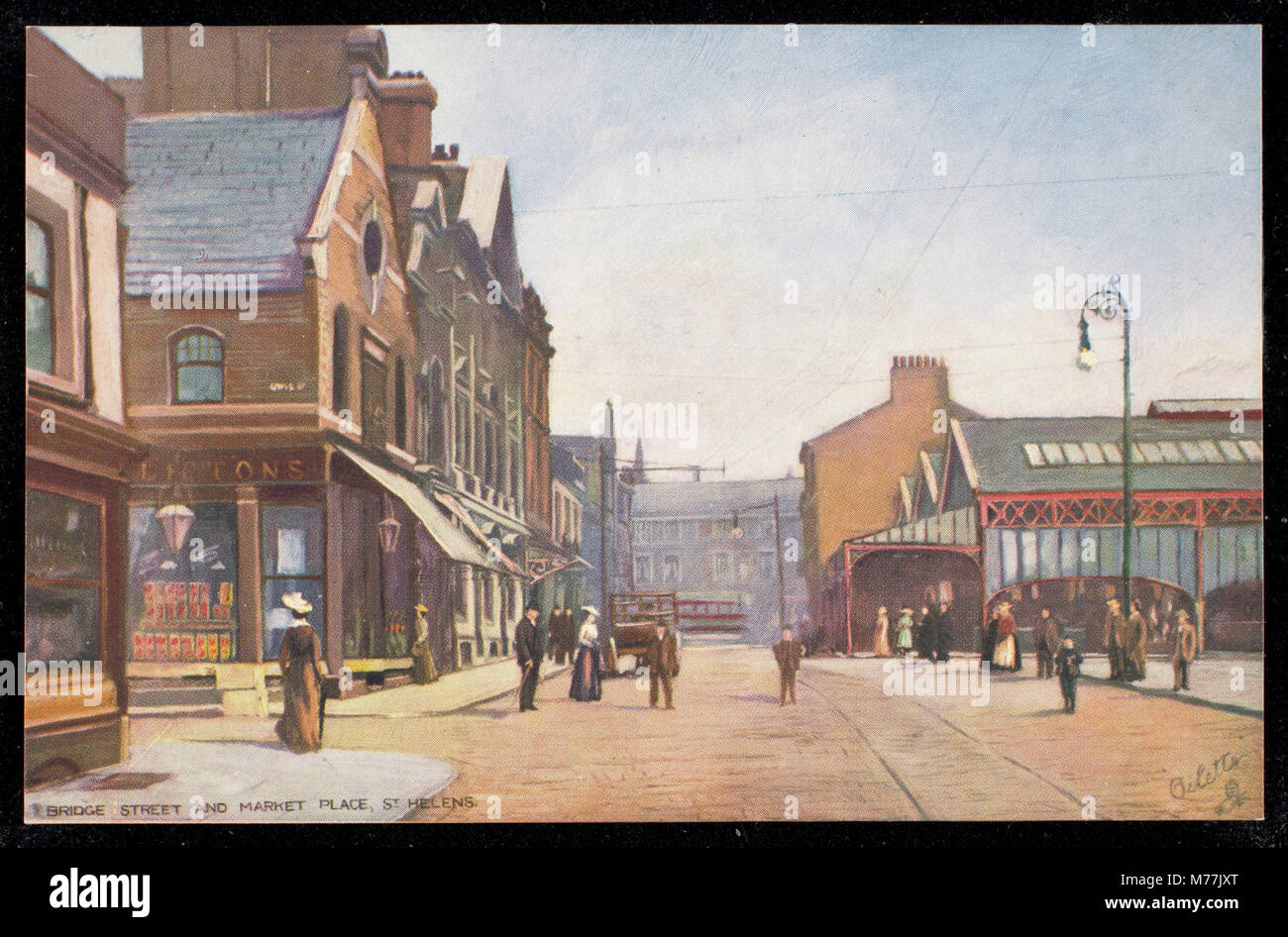 A historical image of Bridge Street and the Market Place in St. Helens, depicting the town's ...