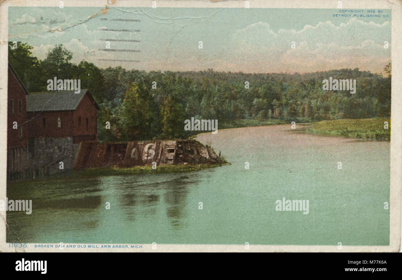 A view of a broken dam and an old mill, illustrating the decline of ...