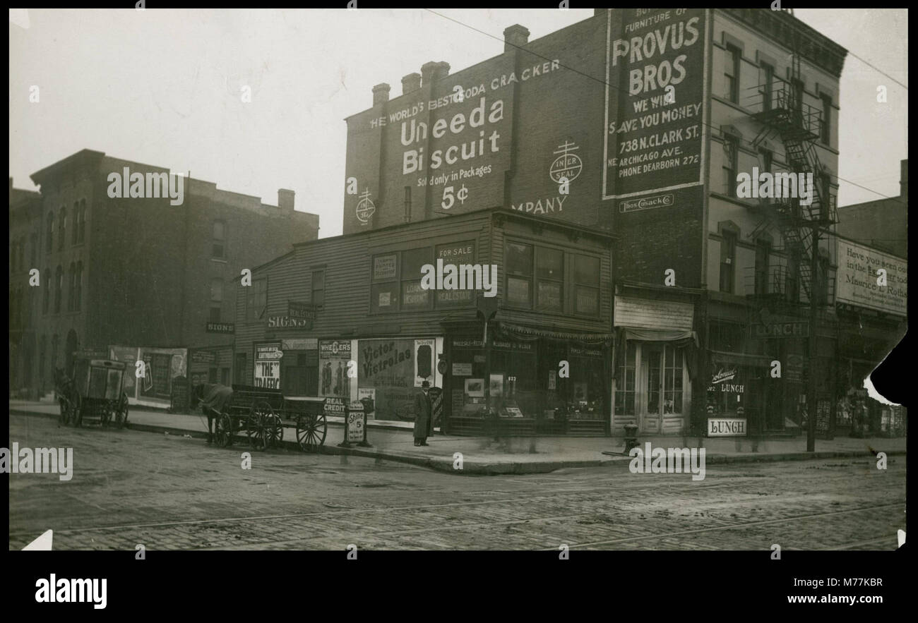 The image shows buildings along North Clark Street in Chicago, Illinois ...