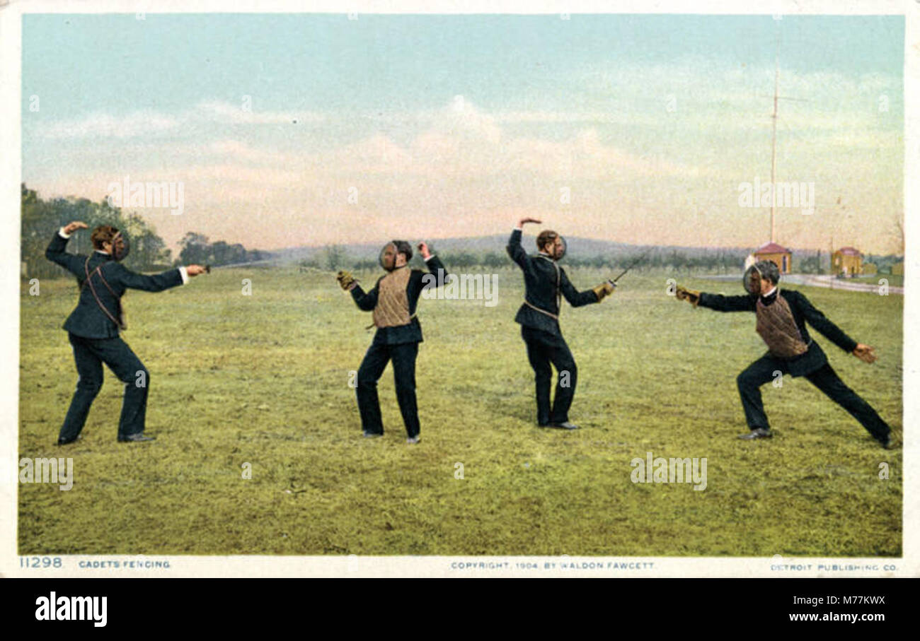 A photograph showing cadets engaged in a fencing match, highlighting a ...