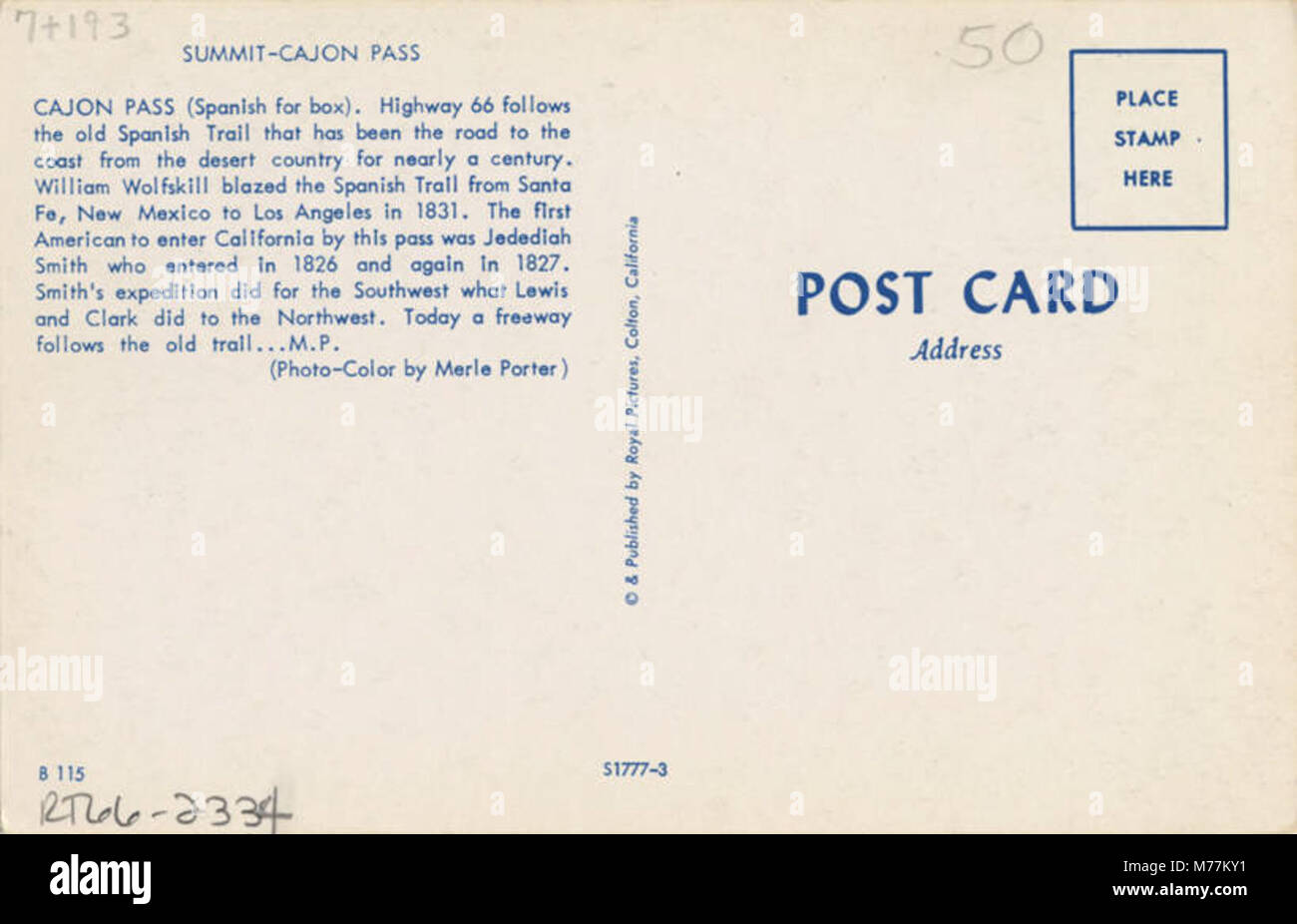 A photograph taken by Merle Porter, depicting Cajon Pass in California ...