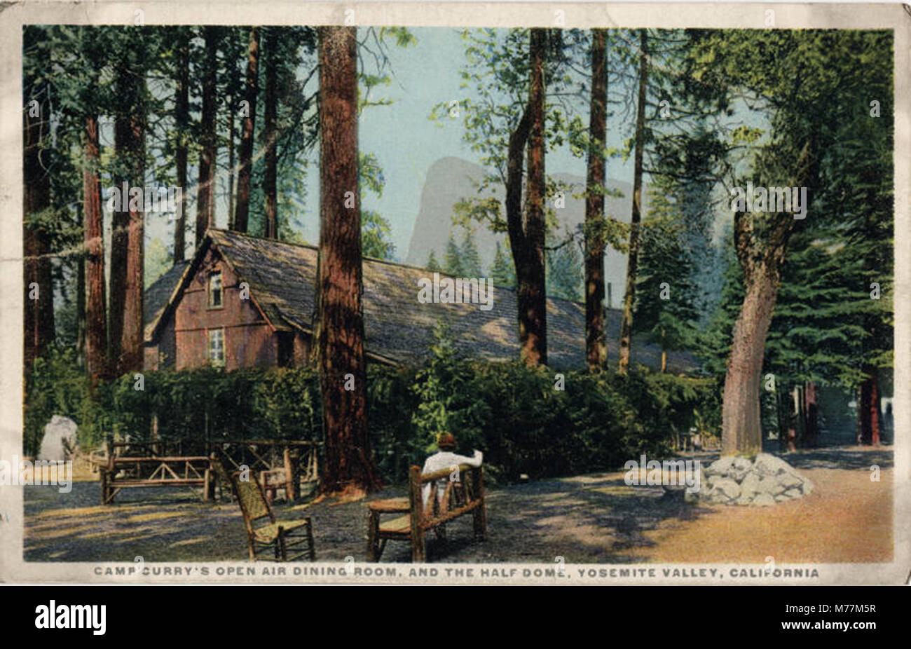 This photograph features Camp Curry's open-air dining room with a view ...