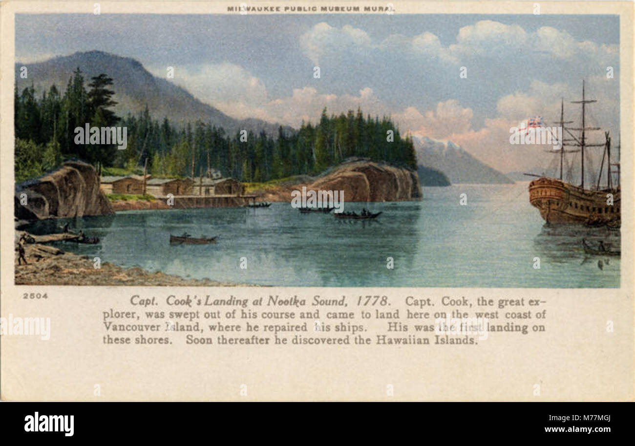 An illustration depicting Captain Cook's landing at Nootka Sound in ...