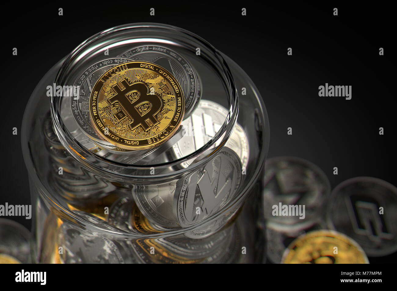 Glass jar full of different cryptocurrencies with golden Bitcoin on the ...