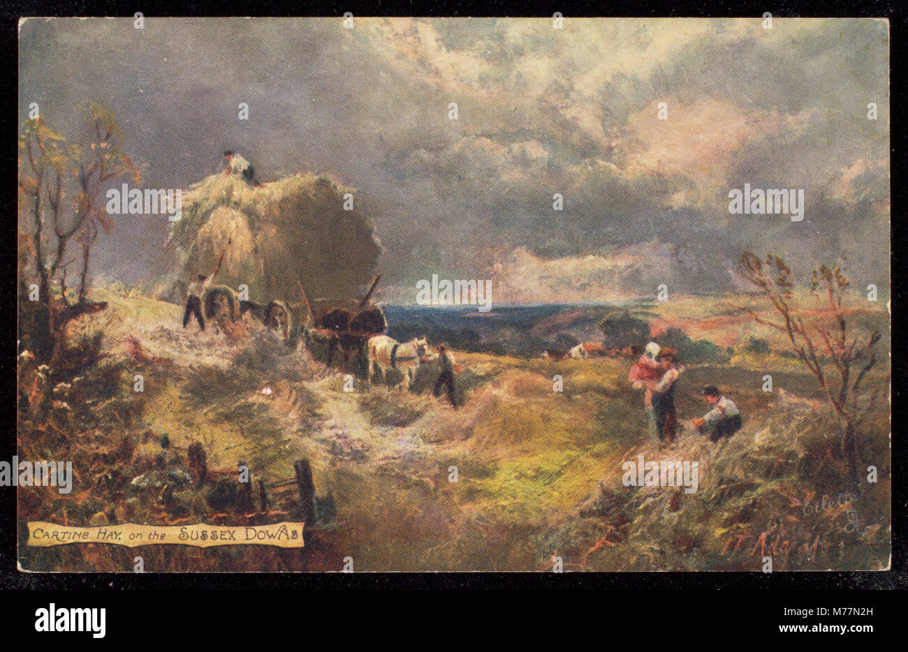 This image shows workers carting hay on the Sussex Downs, a rural area ...