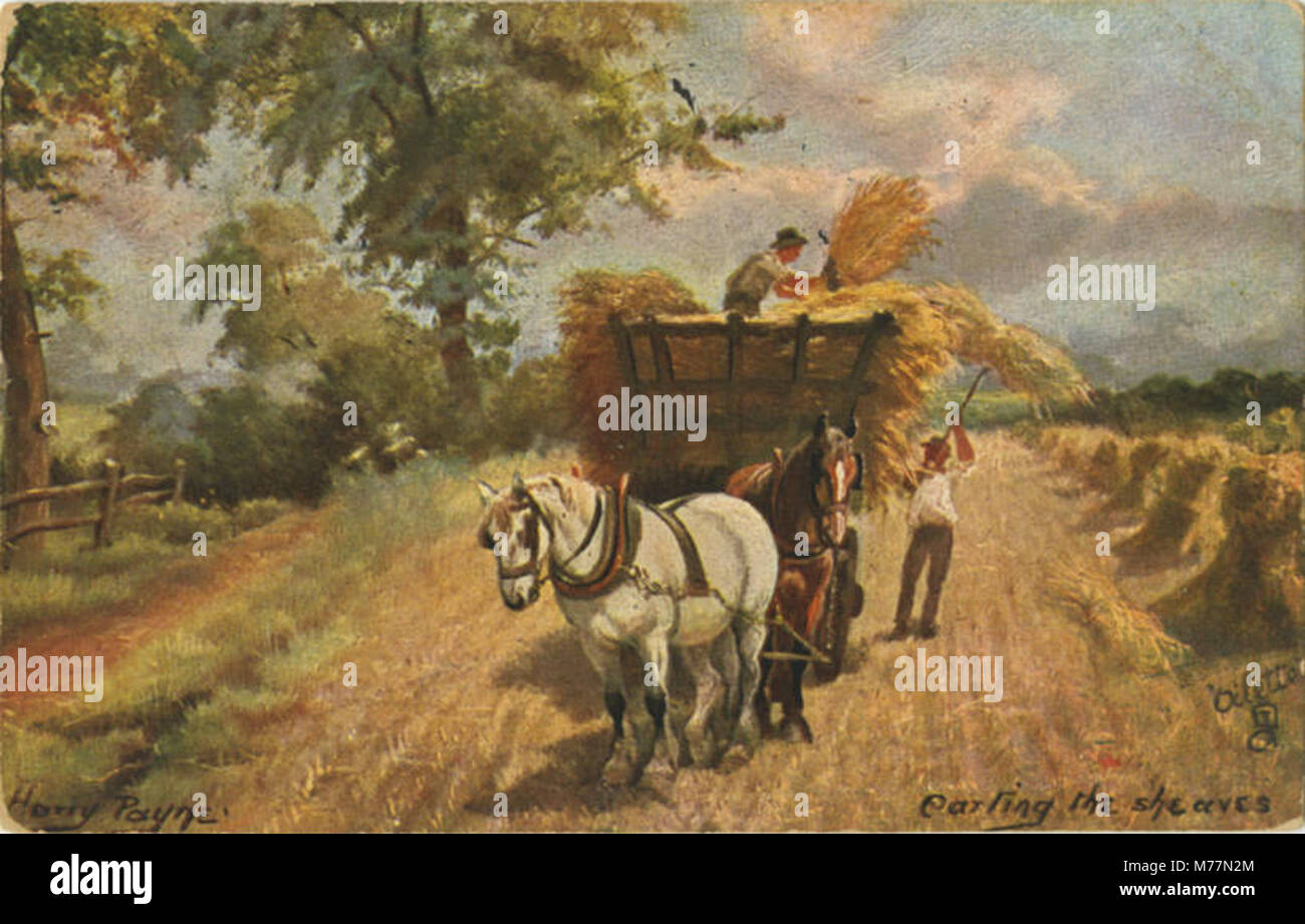 The image depicts the labor of carting sheaves, a key agricultural ...