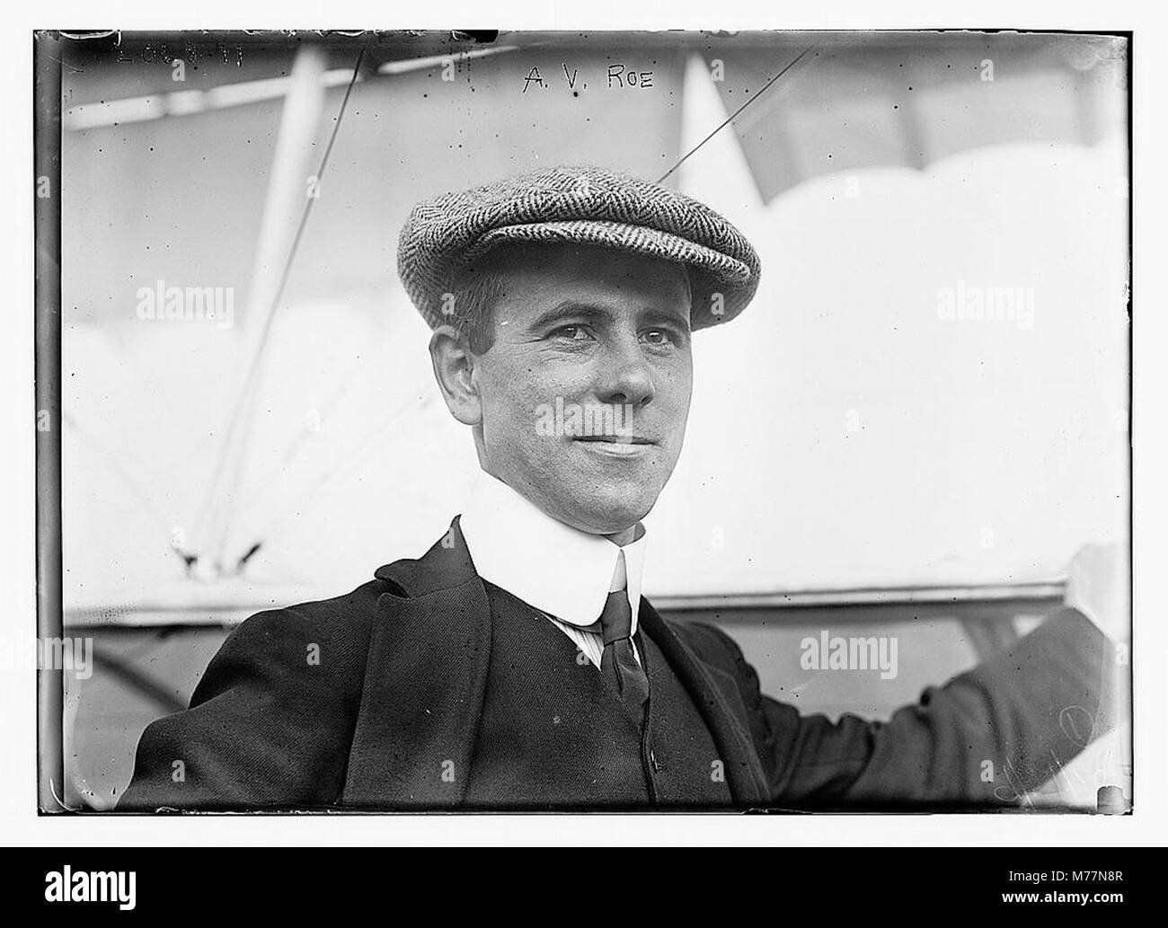 A portrait of A.V. Roe, an early aviation pioneer, credited with ...