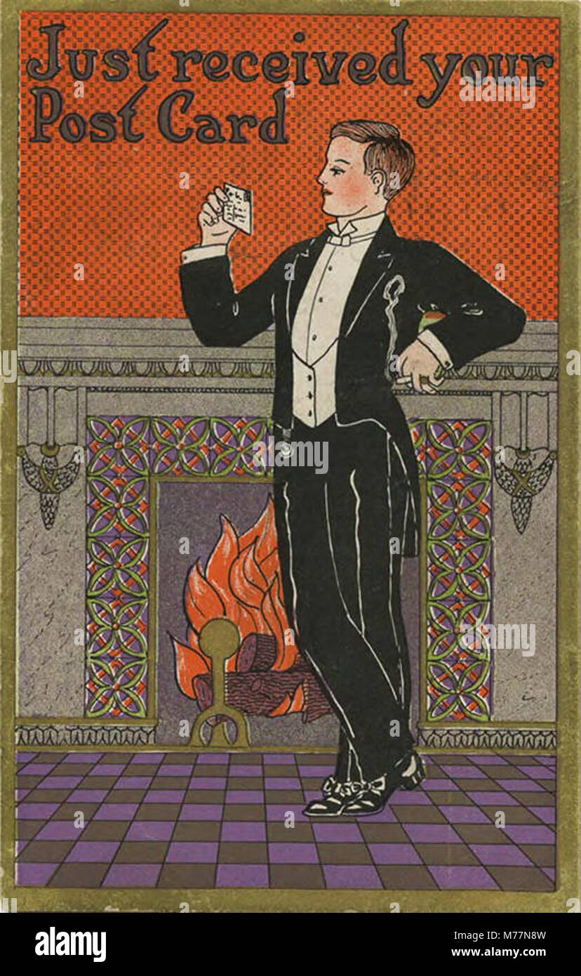 A cartoon depicting a man in a suit holding a postcard, showcasing the ...