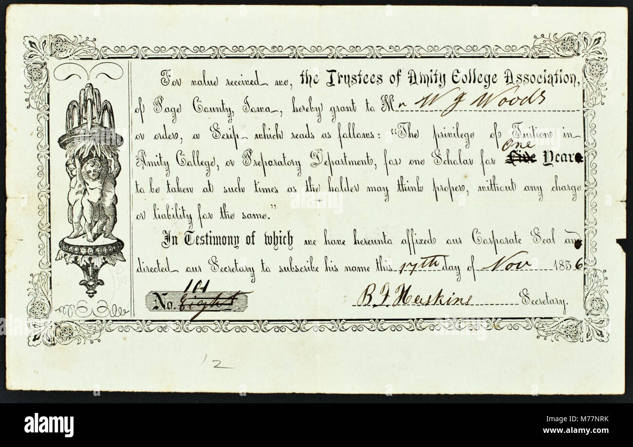 A certificate for one year's tuition, likely issued for educational ...